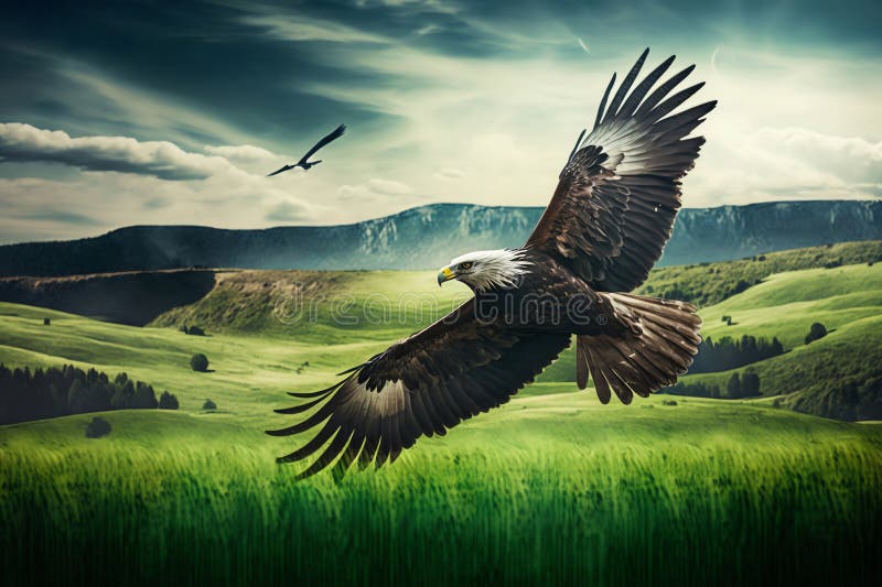 Bald Eagle Flying and Gliding Slowly on the Sky Over Green Field ...