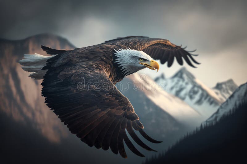 Bald Eagle Flying and Gliding Slowly on the Sky Over High Mountains ...
