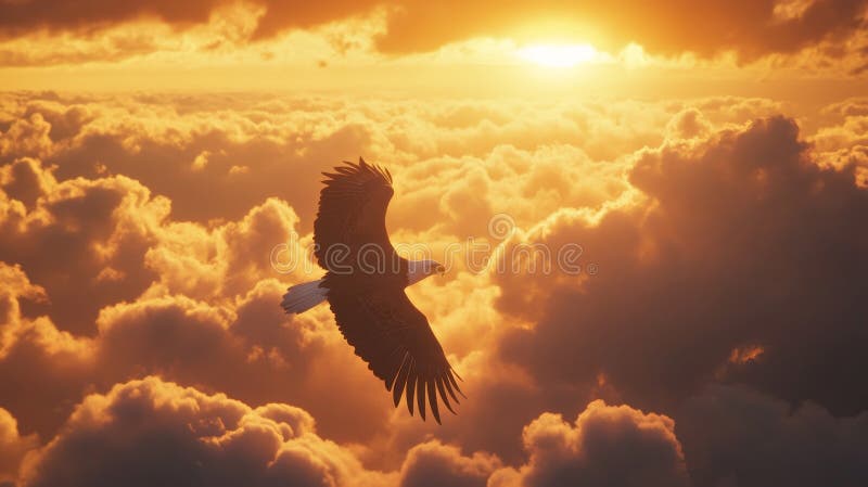 Bald Eagle Flying through Golden Clouds at Sunset Stock Image - Image ...