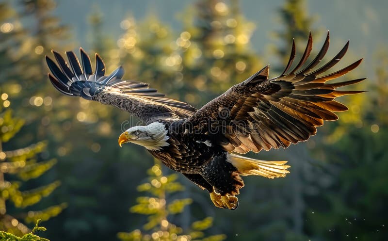 Bald Eagle Flying Low Over the Forest Stock Photo - Image of wings ...