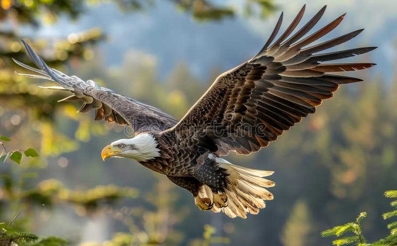 Bald Eagle Flying Low Over the Treetops. a Bald Eagle Flying in the Air ...