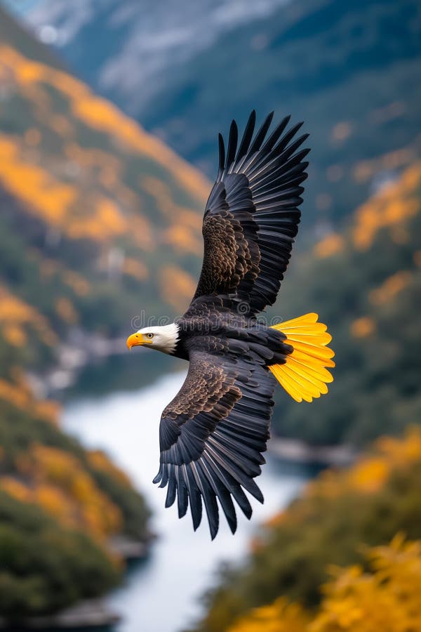A Bald Eagle Flying Over a Body of Water with Mountains in the ...