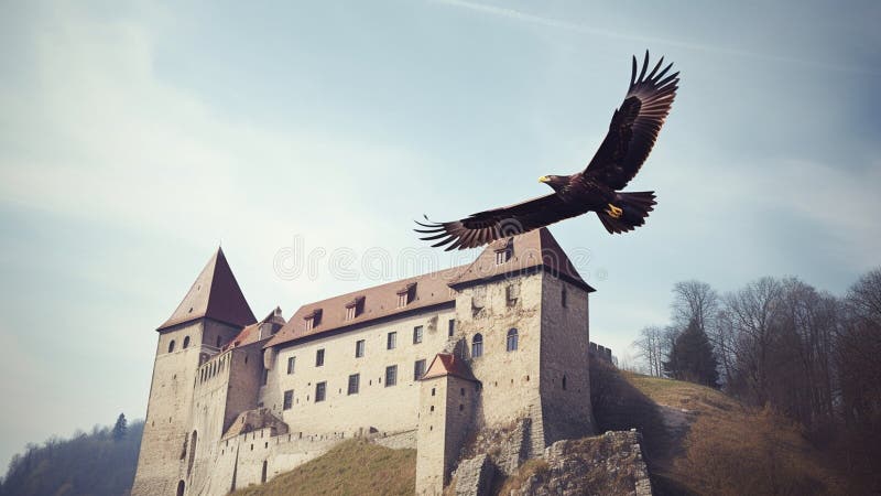Bald Eagle Flying Over Castle Stock Illustration - Illustration of ...