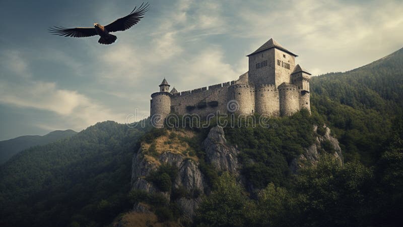 Bald Eagle Flying Over Chateau Stock Illustration - Illustration of ...