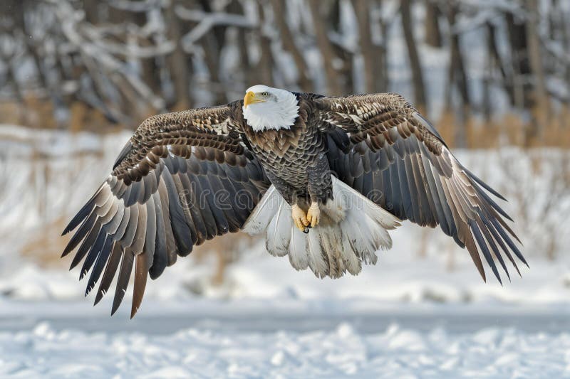 A Bald Eagle Flying Over the Frozen River, Wings Spread Wide Open ...