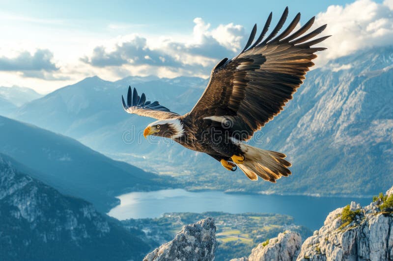Bald Eagle Flying Over a Mountain Lake with Dramatic Sky and Clouds ...