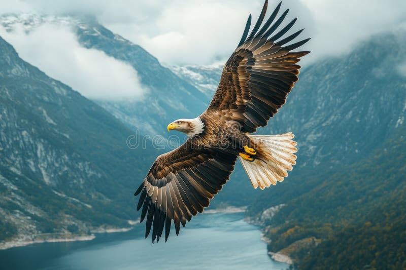 Bald Eagle Flying Over a Mountain Lake with Spread Wings Stock Photo ...