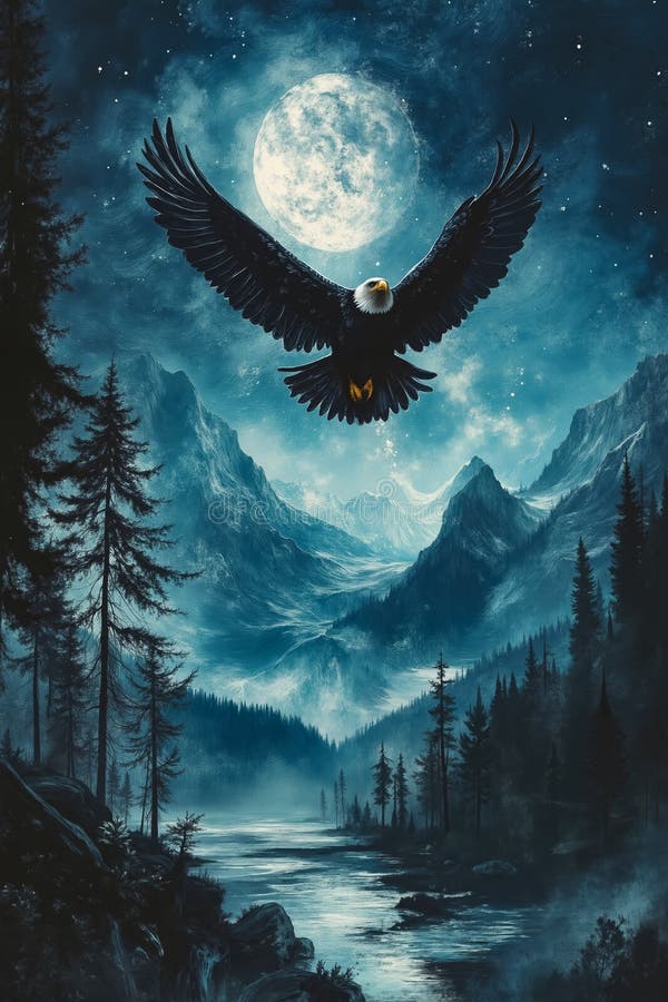 A Bald Eagle Flying Over a Mountain Landscape with a Full Moon in the ...
