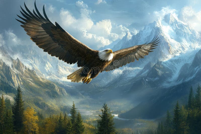 Bald Eagle Flying Over a Mountain Range with a Lake and Forest ...