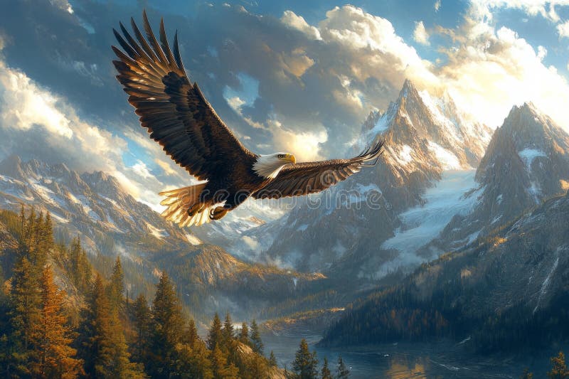 Bald Eagle Flying Over Mountain Range Lake Forest Showcasing Beauty Nature Stock Photos - Free ...