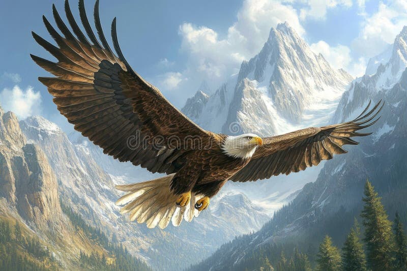 Bald Eagle Flying Over a Mountain Range with a Lake and Forest, Showcasing the Beauty of Nature ...