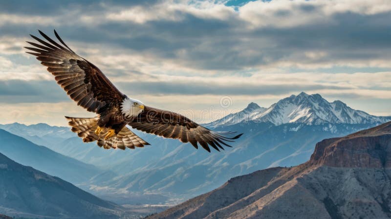 A Bald Eagle is Flying Over a Mountain Range Stock Photo - Image of ...