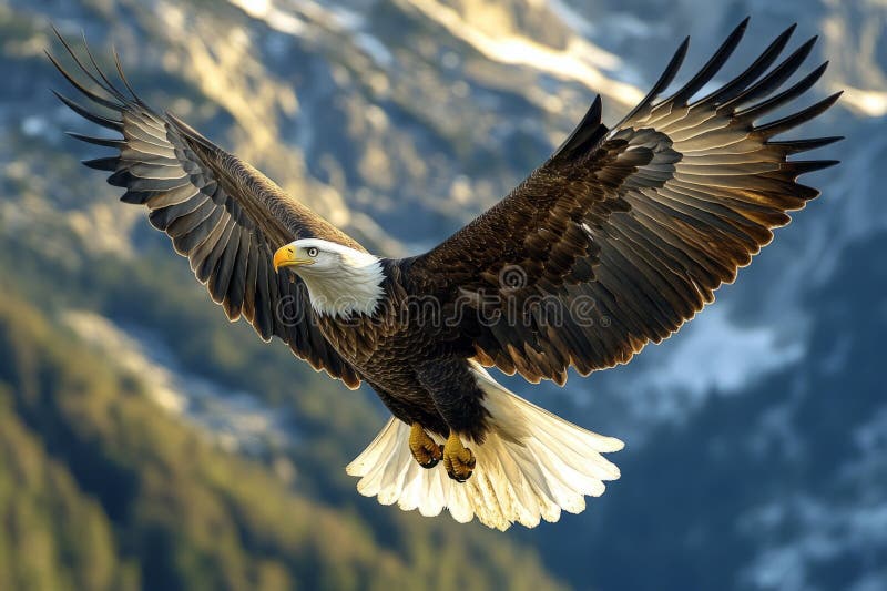 Bald Eagle Flying Over a Mountain Range with Spread Wings Stock Image ...