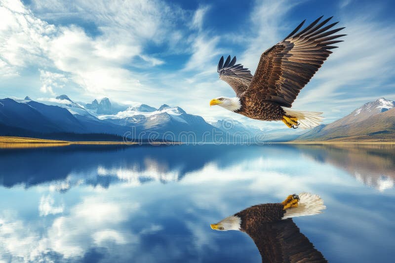 Bald Eagle Flying Over a Pristine Mountain Lake with Reflection in the ...