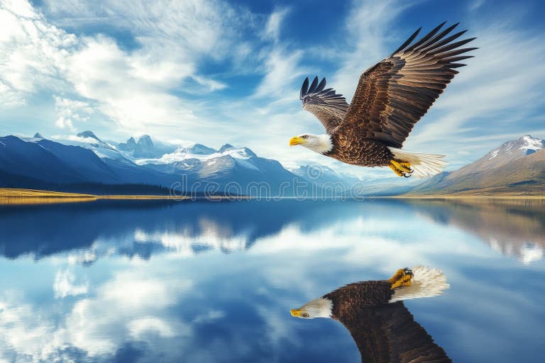 Bald Eagle Flying Over a Pristine Mountain Lake with Reflection in the ...