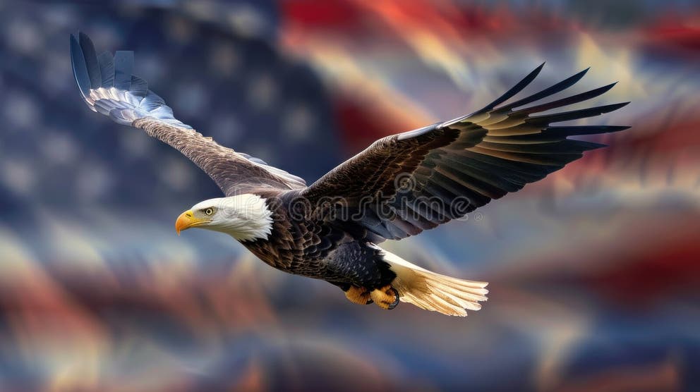 A Bald Eagle Flying Over a Red, White, and Blue American Flag Stock ...