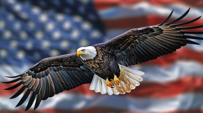 A Bald Eagle Flying Over a Red, White, and Blue American Flag Stock ...