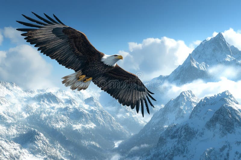 Bald Eagle Flying Over Snowy Mountain Range, Displaying Freedom and ...