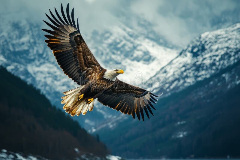 Bald Eagle Flying Over Snowy Mountain Range with Fall Foliage Stock ...