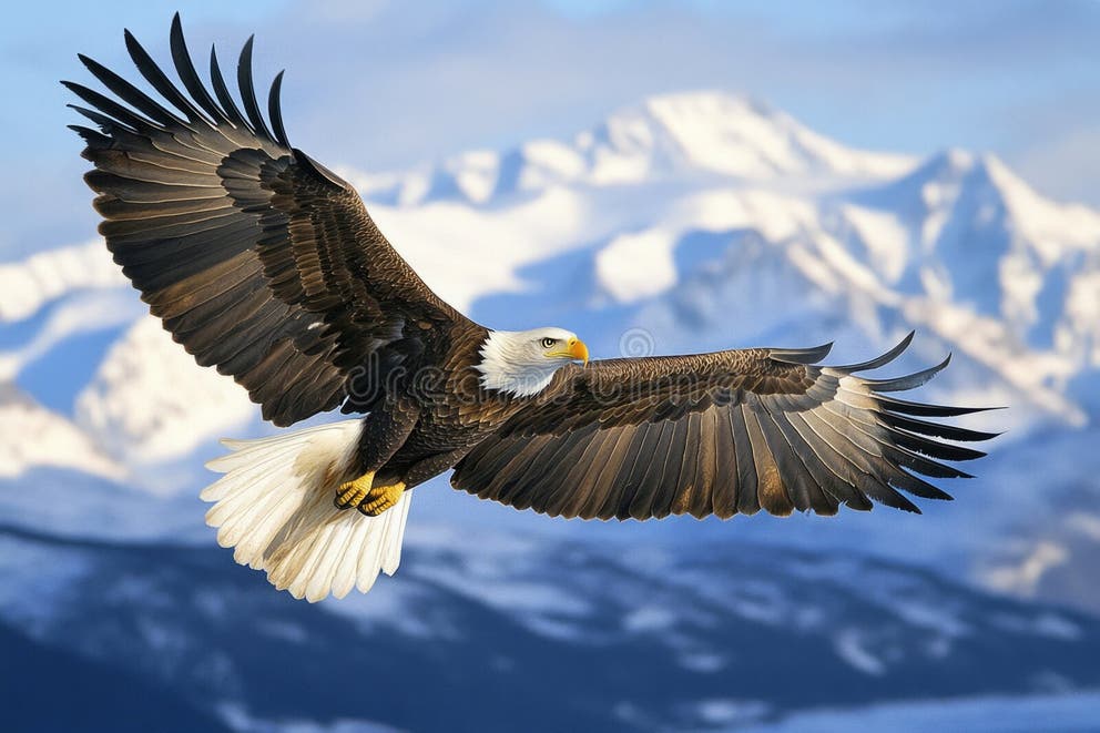 ?Bald Eagle Flying Over Snowy Mountain Range with Spread Wings Stock ...