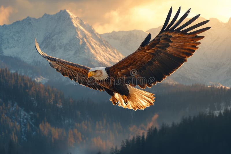 Bald Eagle Flying Over Snowy Mountain Range with Wings Spread at Sunset Stock Image - Image of ...