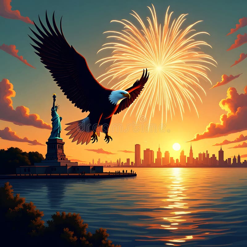 "Bald Eagle Flying Over Statue of Liberty with Fireworks at Sunset â€ Independence Day ...