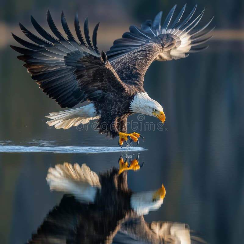 A Bald Eagle is Flying Over the Water To Catch Fish, with Its Wings ...