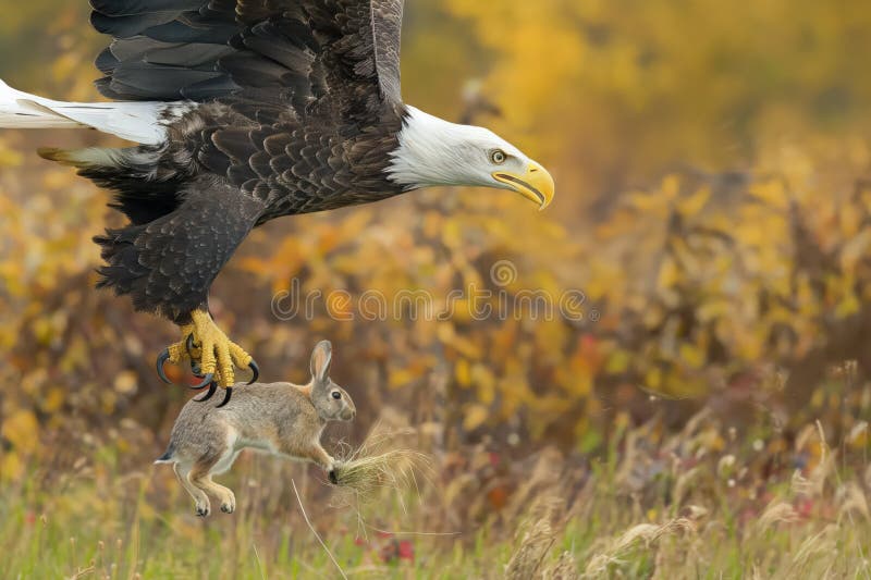 Bald Eagle Flying with Rabbit Prey in Autumn Stock Photo - Image of ...
