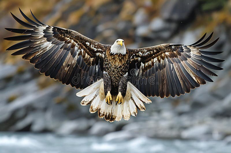 Bald Eagle Flying with Spread Wings, Sharp Focus on Details of Feathers and Claws in the Air ...