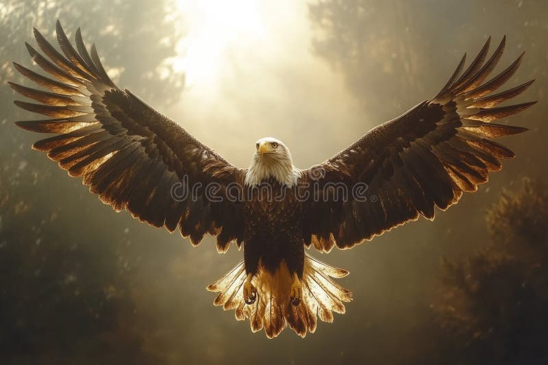 Bald Eagle Flying with Wings Spread Against Golden Sunlight and Misty ...