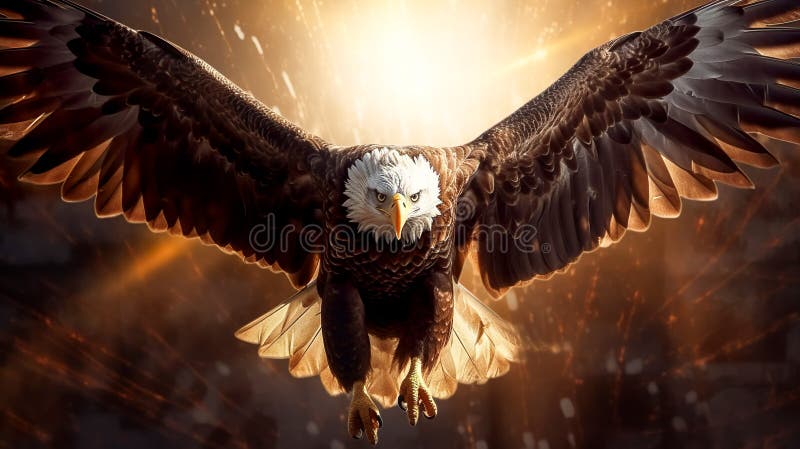 Bald Eagle of Freedom Fly at the Sky during Sunset. Stock Illustration ...