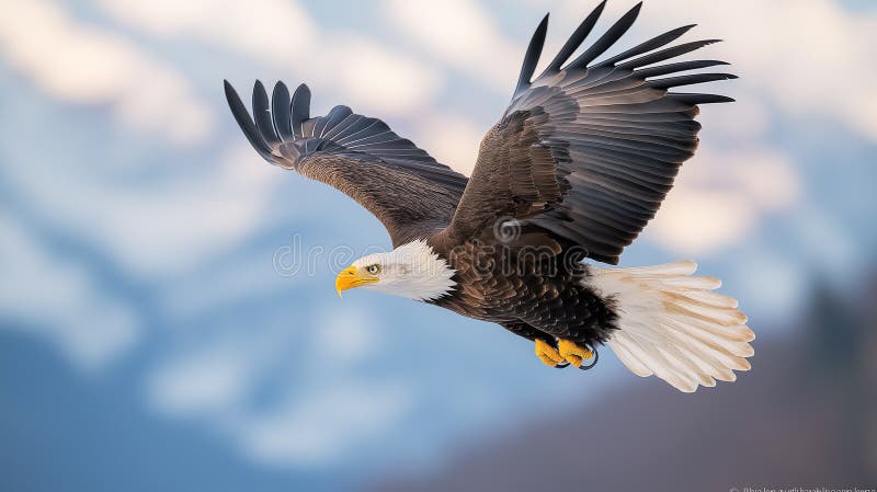 Majestic Bald Eagle Soaring through the Sky Over Mountain Ranges at ...