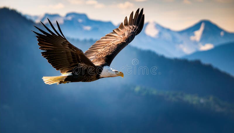 Bald Eagle Soars Gracefully Above Majestic Mountain Range Stock ...