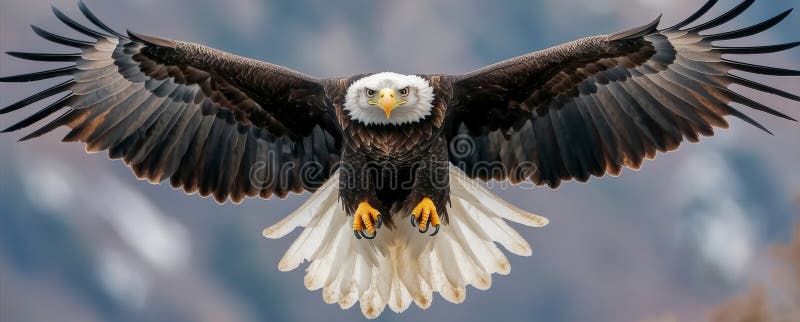 A Bald Eagle Glides through the Sky, Wings Fully Extended and Sharp Talons Ready. this Majestic ...