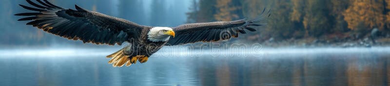 Bald Eagle Gliding Over Misty Water with Calm Reflections Stock ...