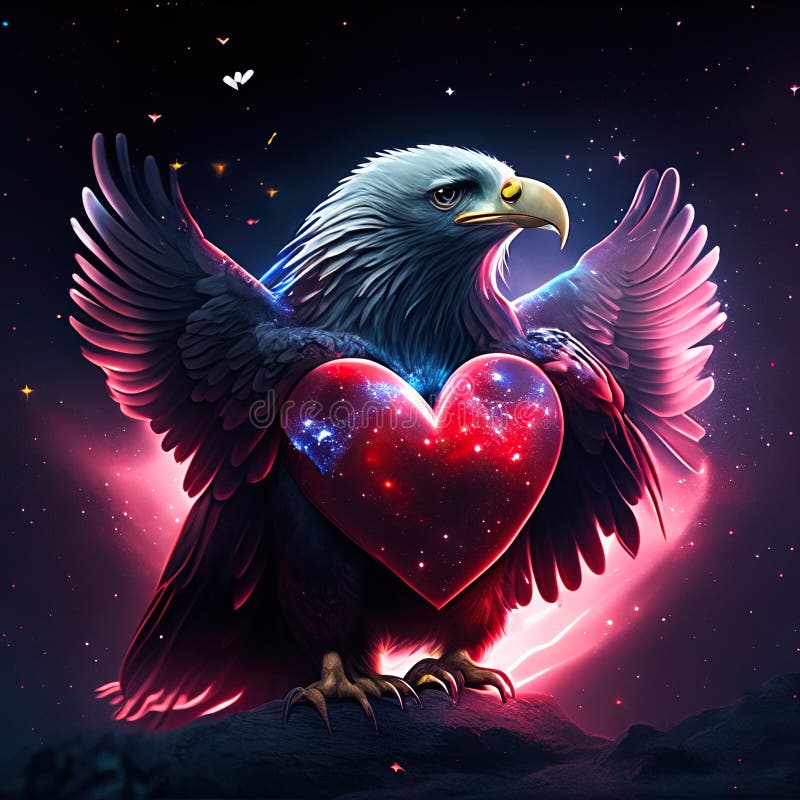 Bald Eagle Hugging Heart Eagle with Heart in the Night Sky. 3D ...