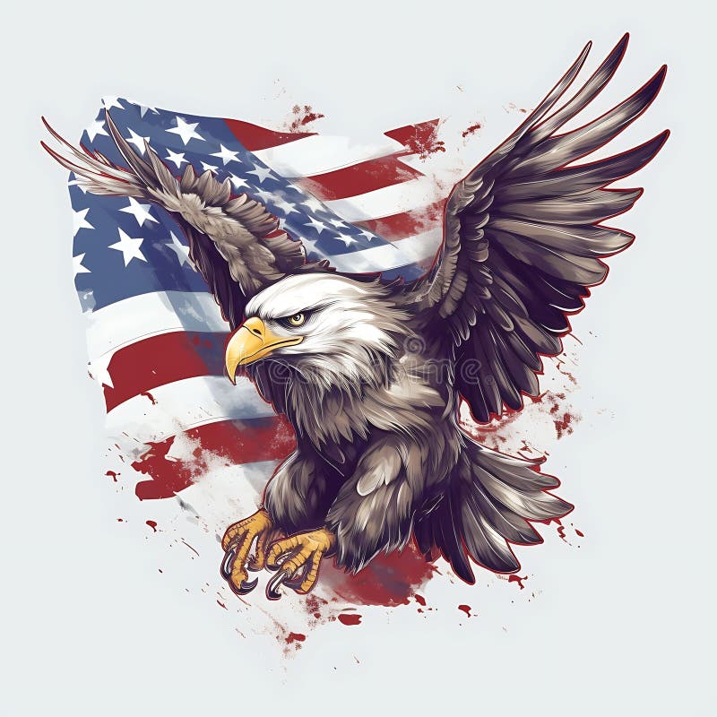 Bald Eagle Soaring in Front of American Flag with Splashes of Red and ...