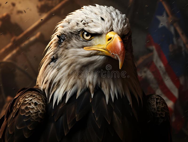 A Bald Eagle Looking Ahead Against an American Flag Background with a ...