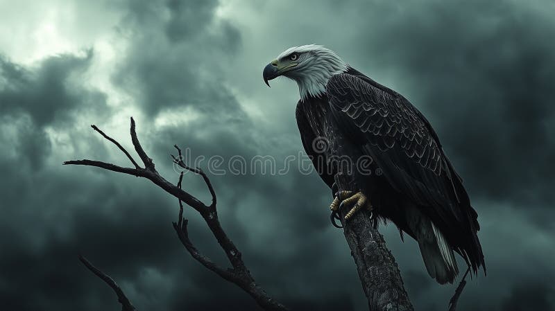 Bald Eagle Perched on a Bare Tree Against Dark Stormy Sky Stock ...