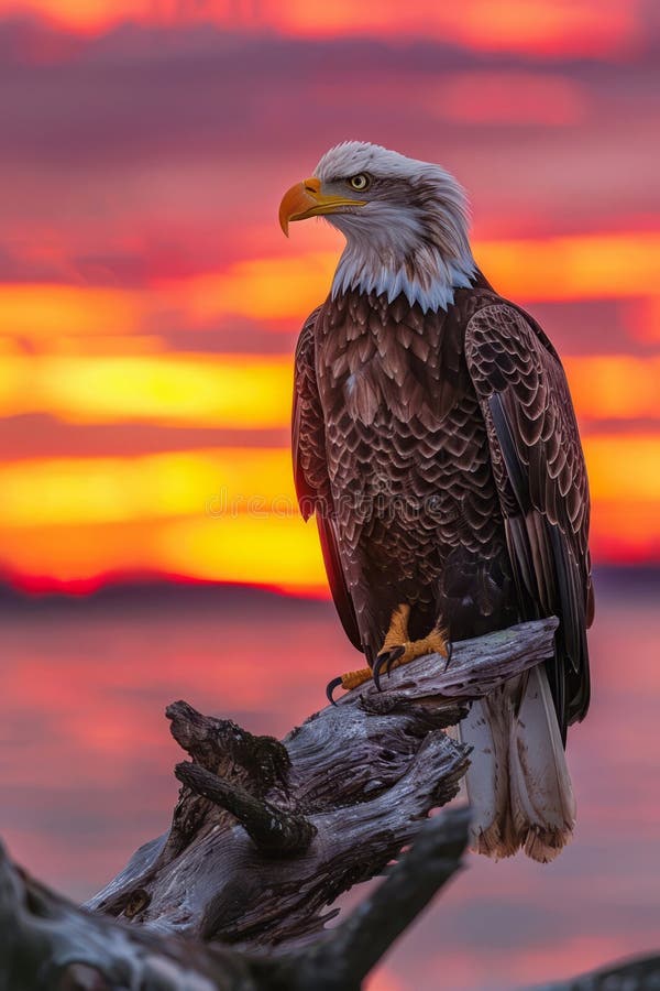 Bald Eagle Perched on Branch at Sunset Stock Image - Image of eagle ...