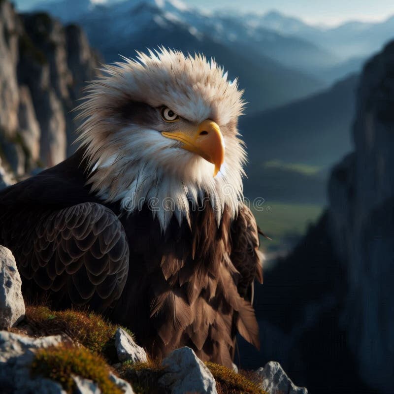 A Bald Eagle Perched on a Cliff Edge, with a Fierce and Vigilant Gaze ...