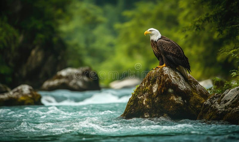 A Bald Eagle is Perched on a Rock in a River Stock Photo - Image of ...