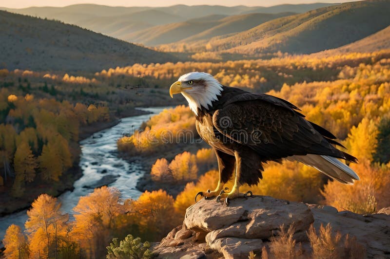 Majestic Bald Eagle Overlooking a Scenic River at Sunset, with Mountain ...