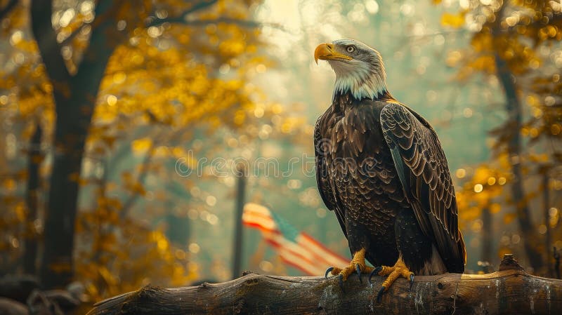 Bald Eagle Perched on a Tree Branch with Fall Foliage and American Flag ...