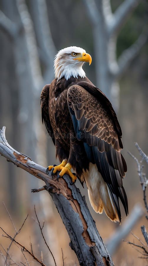 Bald Eagle Perched on a Weathered Branch in a Tranquil Forest Setting ...