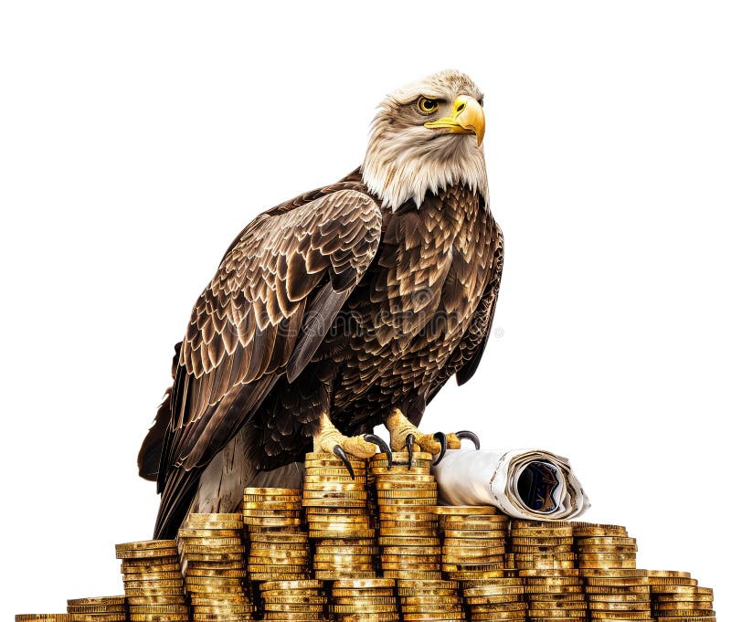 A Bald Eagle Perches Atop a Stack of Gold Coins, Clutching a Newspaper ...