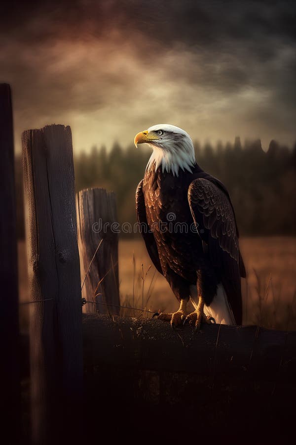 Bald Eagle on a Post in the Field at Sunset. 3d Rendering Stock ...