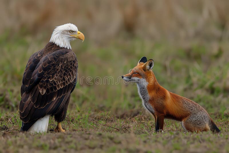 Bald Eagle and Red Fox Facing Off in Meadow Stock Photo - Image of bald ...