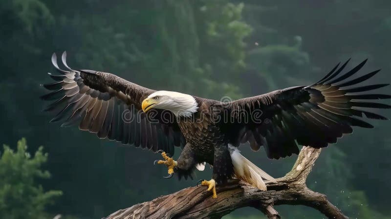 A Bald Eagle Sits on a Tree Branch, Stretching Out Its Majestic Wings ... A Bald Eagle Sits on a Tree Branch, Stretching Out Its Majestic Wings ...