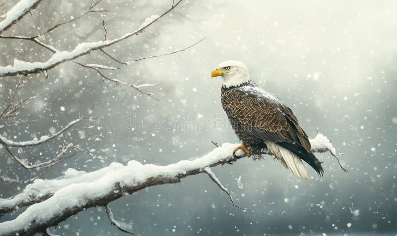 A Bald Eagle is Sitting on a Branch Covered in Snow Stock Photo - Image ...